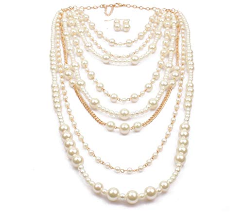 Askana Women's Vintage Retro Classic Style 1920s Fashion Faux Simulate Pearls White Beads Long Multi-layer Layered Statement Strands Necklace with Earrings