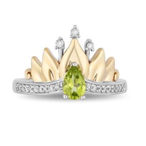 Jewelili Enchanted Disney Fine Jewelry Sterling Silver and 10K Yellow Gold 1/10 Cttw Diamond and Peridot Tiana Water Lily Tiara Ring Size 7