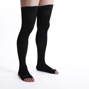 Doc Miller Thigh High Open Toe Compression Stockings 20-30mmHg for Varicose Veins, Pregnancy Support Open Toe Thigh High Compression Socks for Women and Men - 1 Pair Black Large