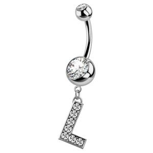 highspark initial belly button rings- 316l surgical steel- 14g(1.6mm)- aaa+ cz crystals- silver a-z letter belly button rings - initial l - bb-012