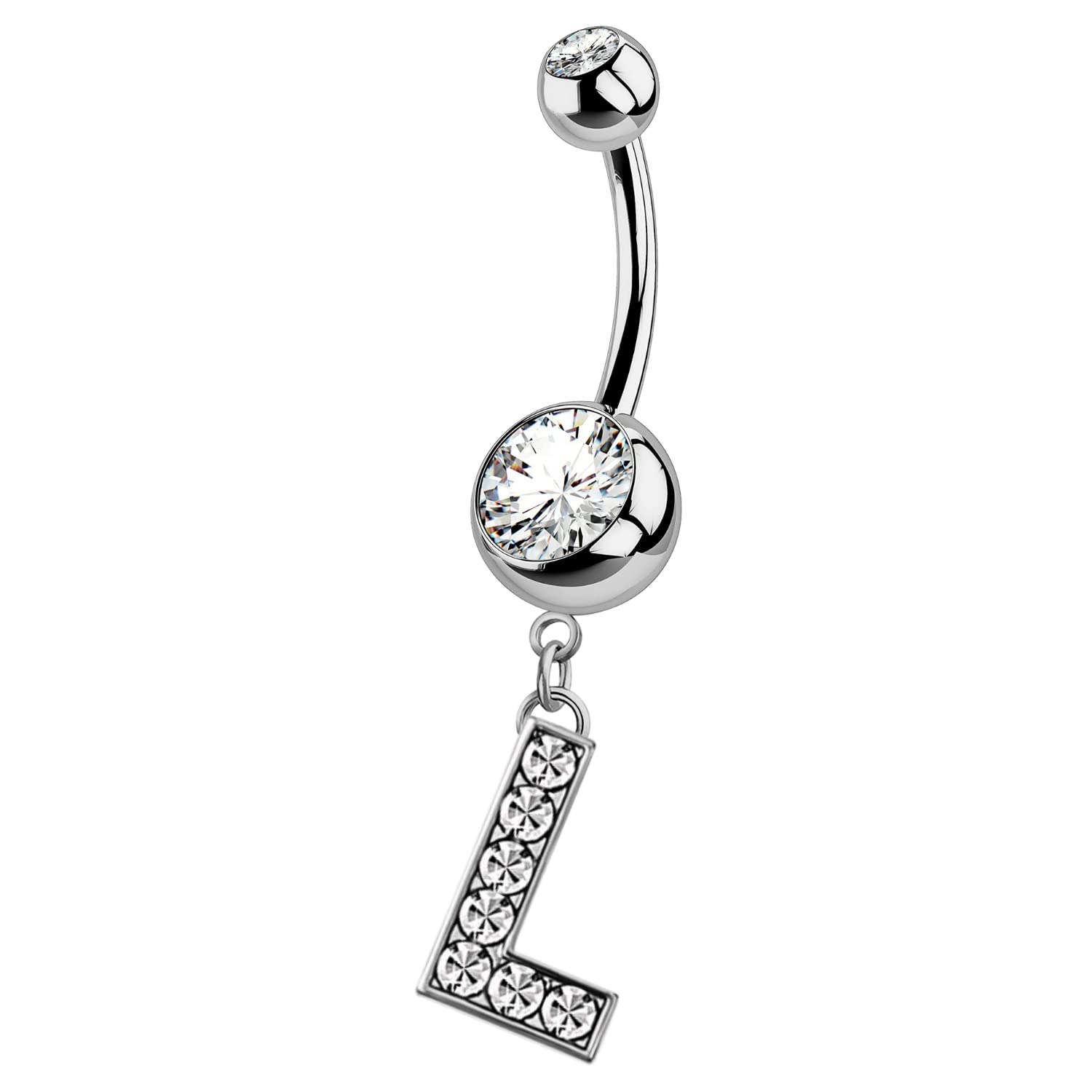 HighSpark Initial Belly Button Rings- 316L Surgical Steel- 14G(1.6mm)- AAA+ CZ Crystals- Silver A-Z Letter Belly Button Rings - Initial L - BB-012