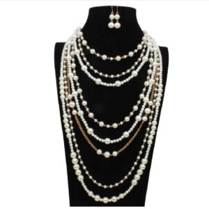 Askana Women's Vintage Retro Classic Style 1920s Fashion Faux Simulate Pearls White Beads Long Multi-layer Layered Statement Strands Necklace with Earrings