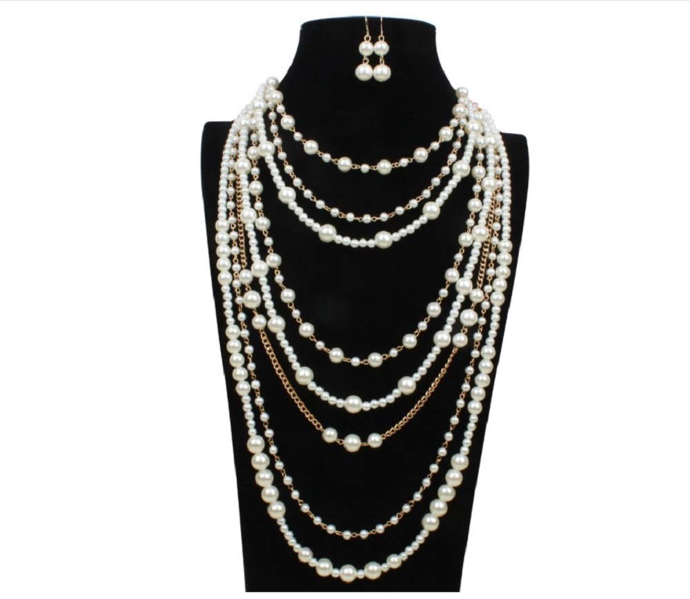 Askana Women's Vintage Retro Classic Style 1920s Fashion Faux Simulate Pearls White Beads Long Multi-layer Layered Statement Strands Necklace with Earrings