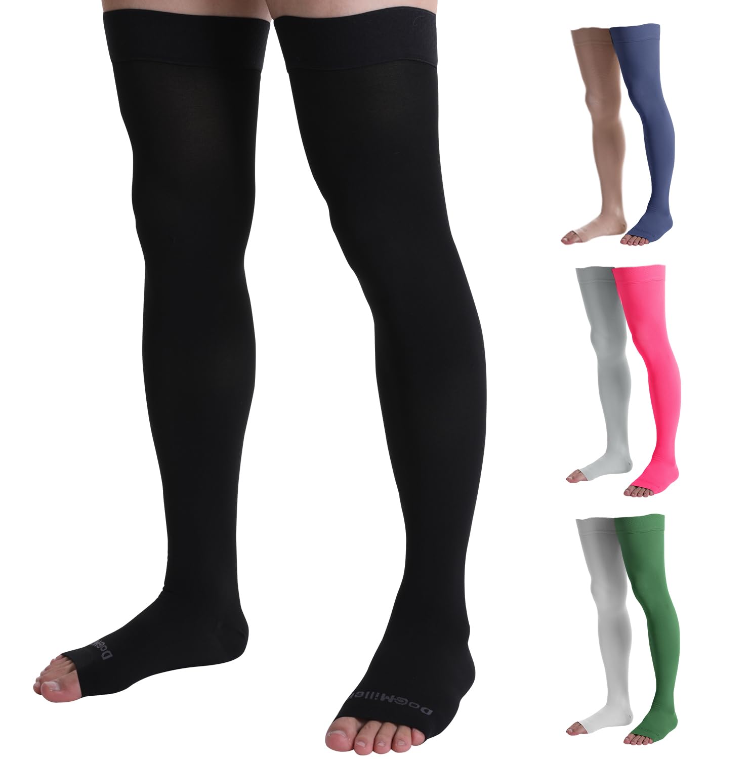 Doc Miller Thigh High Open Toe Compression Stockings 20-30mmHg for Varicose Veins, Pregnancy Support Open Toe Thigh High Compression Socks for Women and Men - 1 Pair Black Large