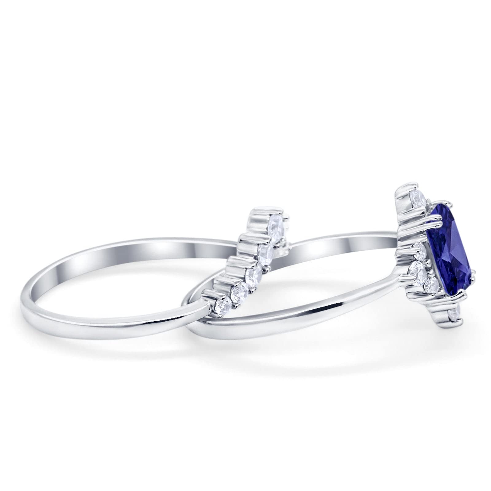 Simulated Blue Sapphire Cubic Zirconia Size-10 Emerald Cut Vintage Art Deco Two Piece Bridal Set Wedding Engagement Ring Band Round Simulated Cubic Zirconia 925 Sterling Silver