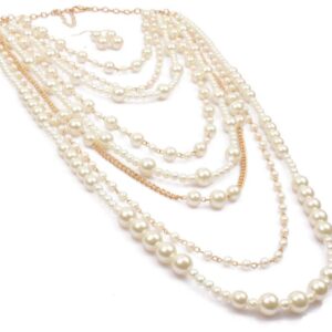 Askana Women's Vintage Retro Classic Style 1920s Fashion Faux Simulate Pearls White Beads Long Multi-layer Layered Statement Strands Necklace with Earrings