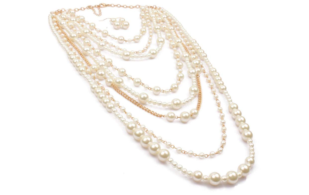 Askana Women's Vintage Retro Classic Style 1920s Fashion Faux Simulate Pearls White Beads Long Multi-layer Layered Statement Strands Necklace with Earrings