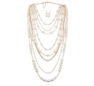 askana women's vintage retro classic style 1920s fashion faux simulate pearls white beads long multi-layer layered statement strands necklace with earrings