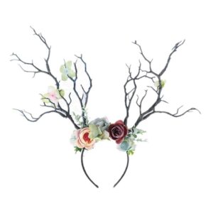 xidajie deer antler flower crown headbands halloween chritmas long antler flower branches headband props horns headpieces hair band photo shoot forest goddess headdress headwear, navy