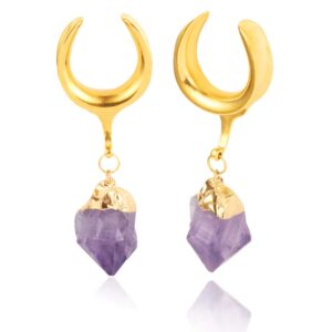 casvort 2 pcs 12mm (1/2'') hypoallergenic 316 stainless steel gold saddle tunnels hangers amethyst stone dangle ear gauges plugs stretcher earring body jewelry