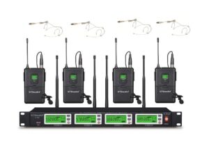 gtd audio 4x800 adjustable channels uhf diversity wireless cordless microphone system with 4 bodypacks, 4 beige headsets & 4 lapels mics, range 450 ft, (8 mics)