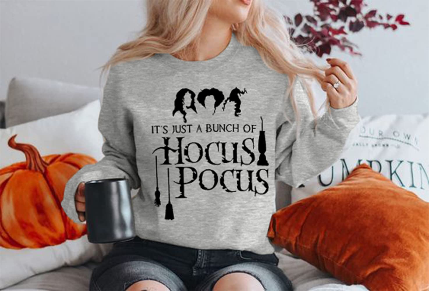 KIDDAD It's Just A Bunch of Hocus Pocus T-Shirt Women Halloween Sanderson Sisters Long Sleeve Crewneck Casual Pullover Tops Light Gray