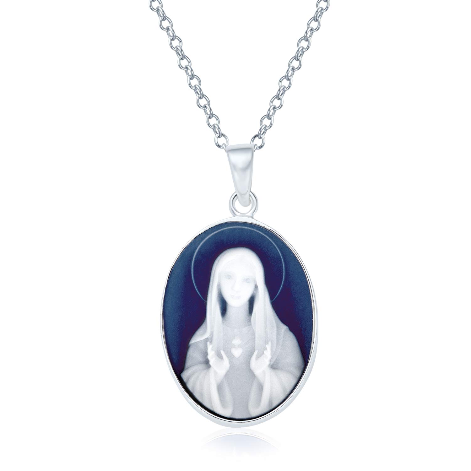 Personalize Vintage Style Simulated Blue Agate Miraculous Our Lady Of Guadalupe Blessed Madonna Oval Virgin Mary Cameo Pendant Necklace For Women .925 Sterling Silver