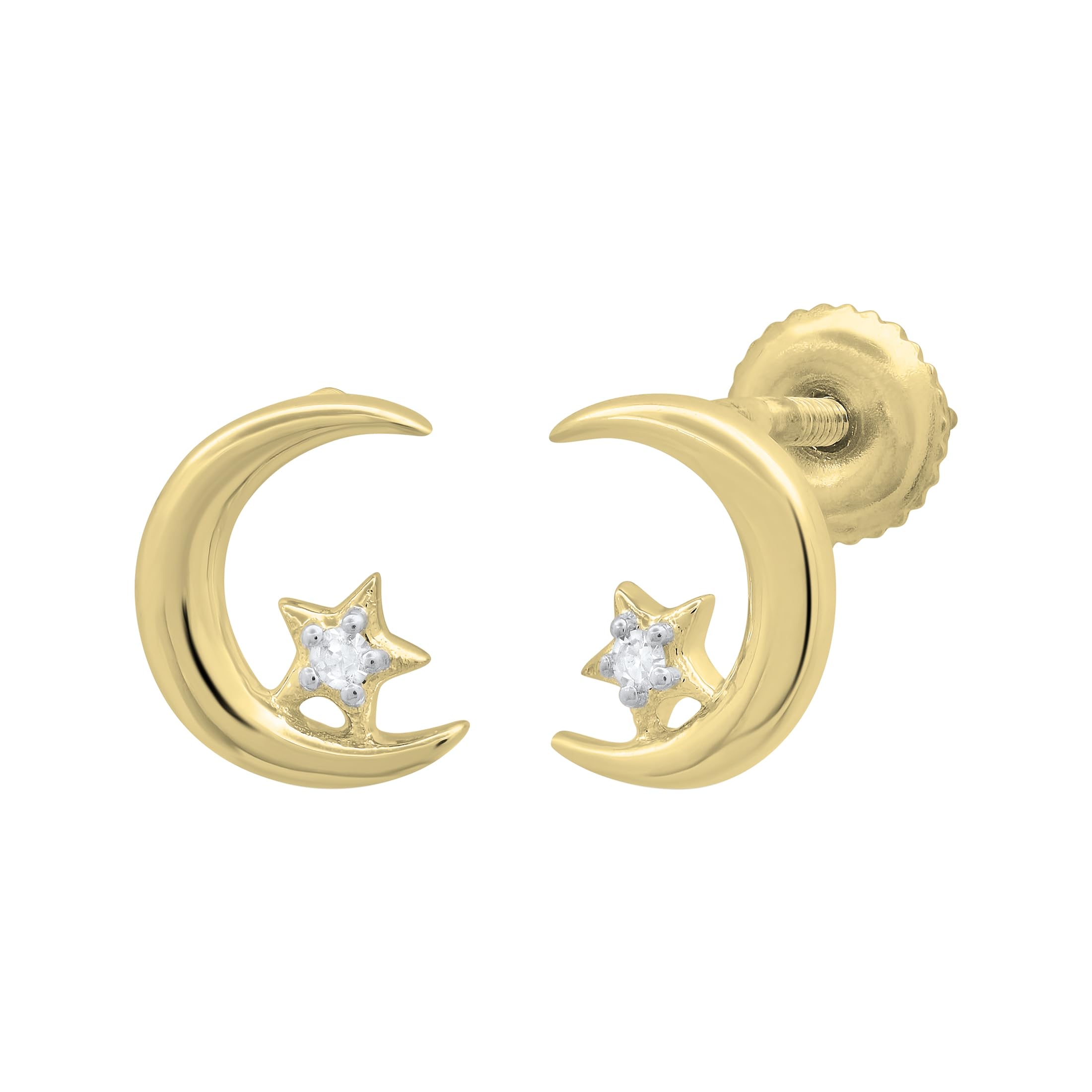 Dazzlingrock Collection 0.02 Carat (ctw) Round White Diamond Ladies Crescent Moon and Star Stud Earrings, 14K Yellow Gold