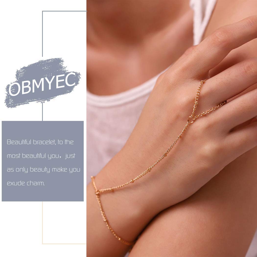 Obmyec Boho Gold Finger Ring Bracelets Beaded Slave Ring Hand Chain Harness Bracelet Hand Jewelry for Women