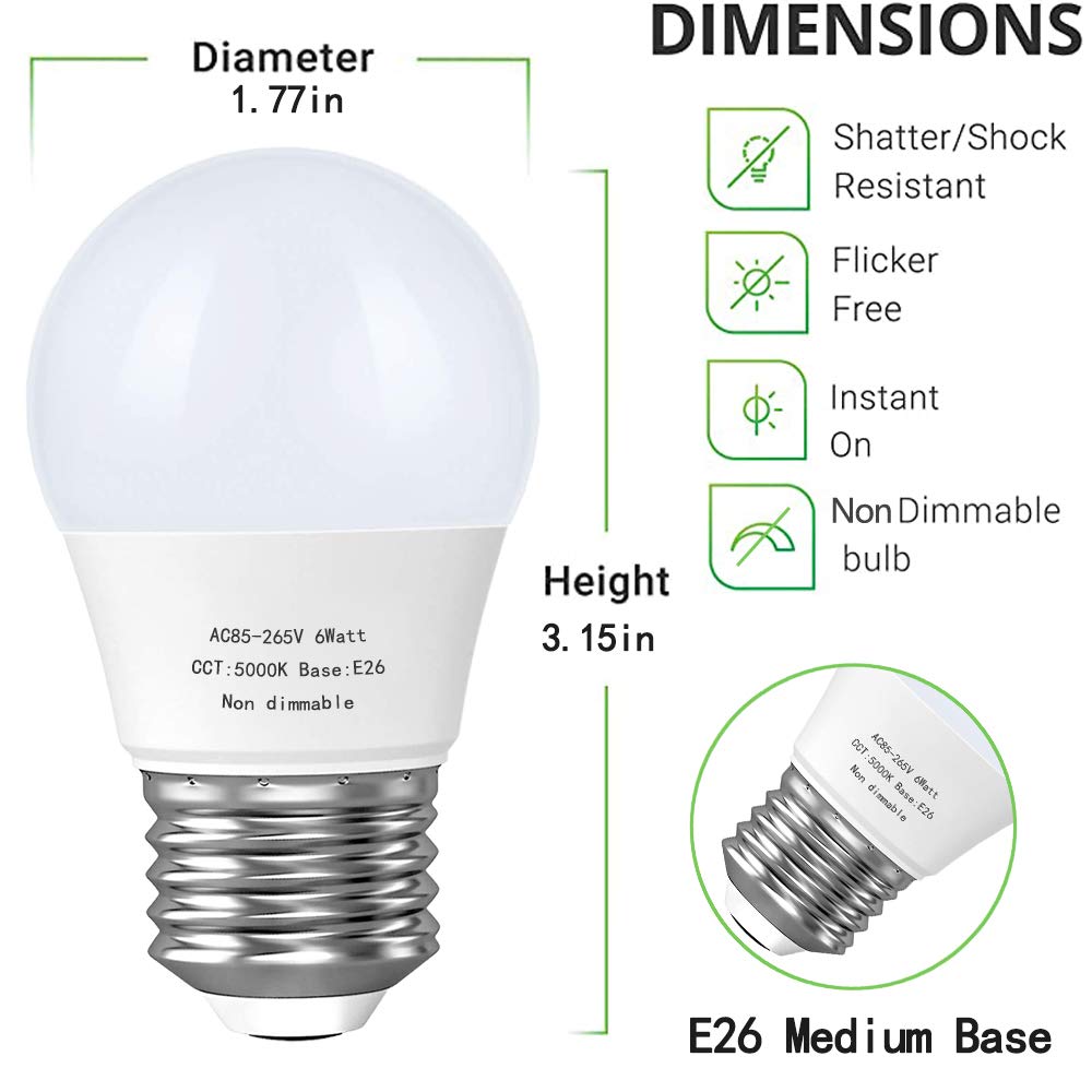 A15 Led Bulb, E26 Base Appliance Light Bulb, 6W(60 Watt Incandescent Equivalent), Ceiling Fan Light Bulbs, 550 LM, Small Lightbulbs, Non-Dimmable, 5000K Daylight, 6 Packs