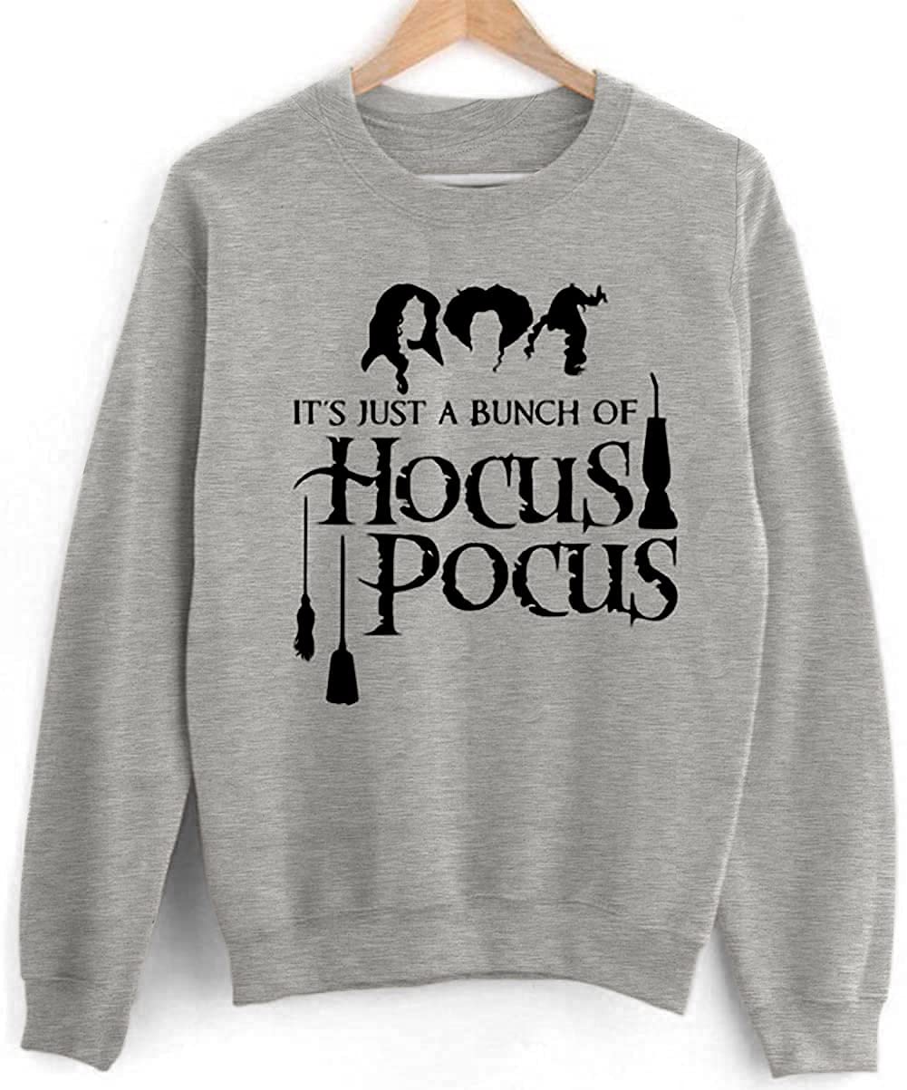 KIDDAD It's Just A Bunch of Hocus Pocus T-Shirt Women Halloween Sanderson Sisters Long Sleeve Crewneck Casual Pullover Tops Light Gray