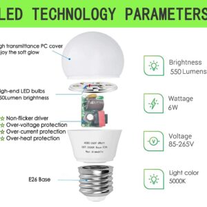 A15 Led Bulb, E26 Base Appliance Light Bulb, 6W(60 Watt Incandescent Equivalent), Ceiling Fan Light Bulbs, 550 LM, Small Lightbulbs, Non-Dimmable, 5000K Daylight, 6 Packs