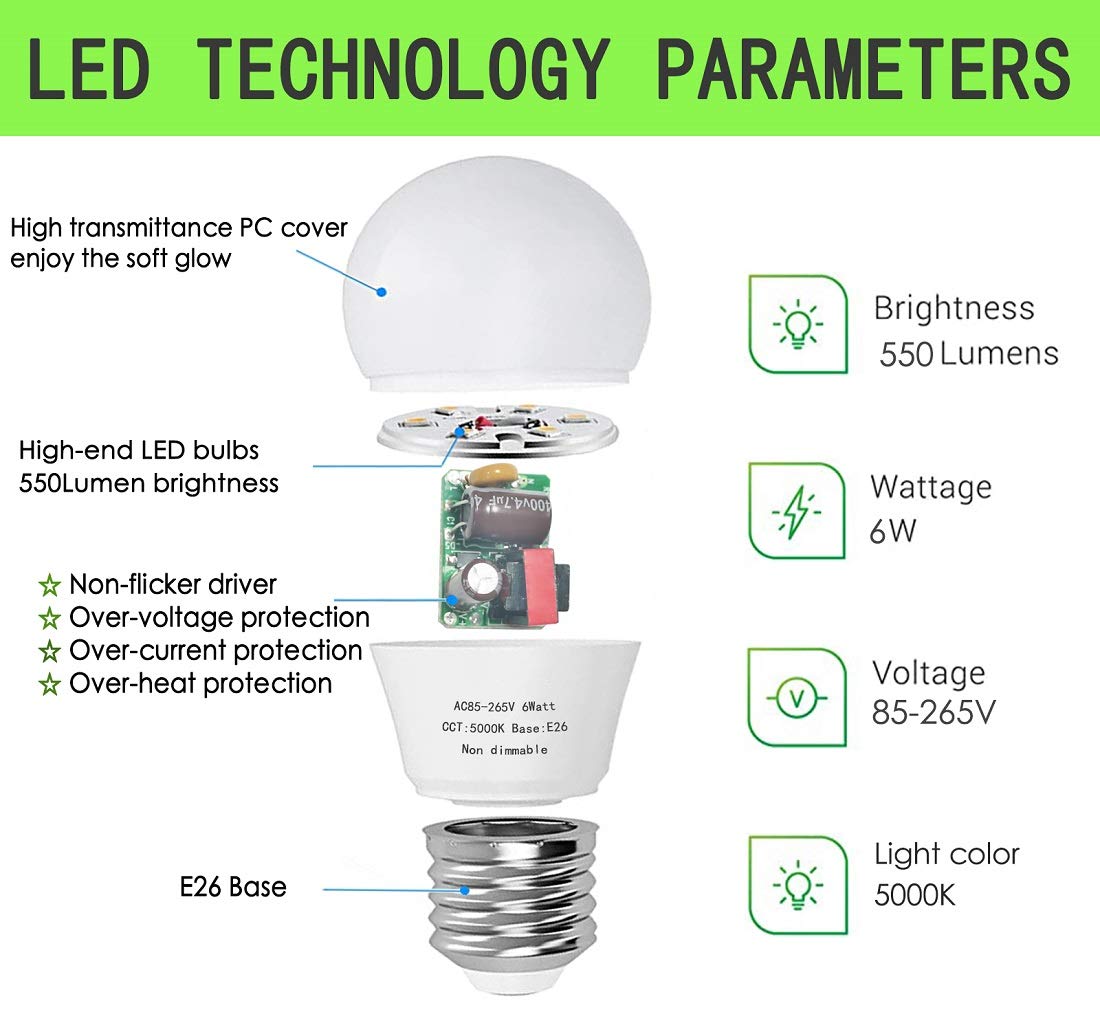 A15 Led Bulb, E26 Base Appliance Light Bulb, 6W(60 Watt Incandescent Equivalent), Ceiling Fan Light Bulbs, 550 LM, Small Lightbulbs, Non-Dimmable, 5000K Daylight, 6 Packs