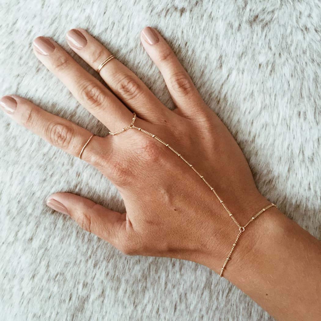 Obmyec Boho Gold Finger Ring Bracelets Beaded Slave Ring Hand Chain Harness Bracelet Hand Jewelry for Women