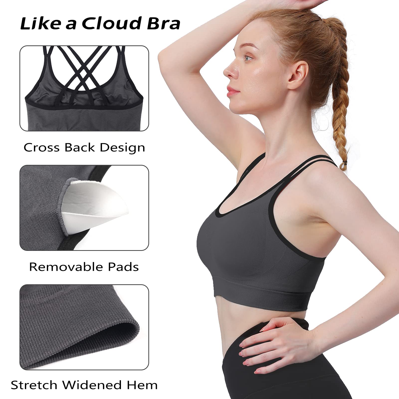 WOYYHO Strappy Sports Bra for Women Sexy Crisscross Back Medium Support Yoga Bra with Removable Cups 3 Pack