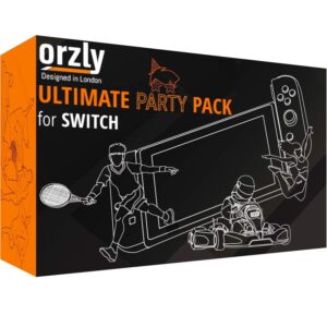 Orzly Sports Family Party Pack Accessories Bundle Designed for Nintendo Switch and OLED Console Games with Tennis Badminton Rackets, Controller Grips, Wheels & Wrist Dance Bands - with Carry Sack