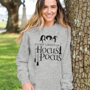 KIDDAD It's Just A Bunch of Hocus Pocus T-Shirt Women Halloween Sanderson Sisters Long Sleeve Crewneck Casual Pullover Tops Light Gray