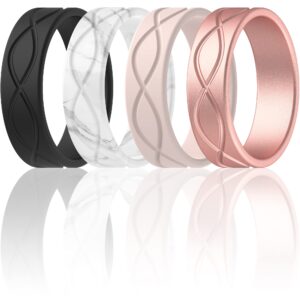 thunderfit silicone wedding bands for women, infinity design 6mm wide 1.8mm thick - 1/4/7 variety multipack (black, marble, rose gold, pink mesh - size 5.5-6 (16.5mm))