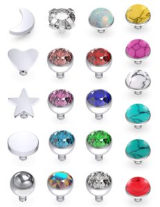 dyknasz 21pcs 14g grade 23 titanium dermal anchor tops synthetic stone internally threaded mixcolor gem for women men, moon/heart/star/flat/ball/cz/opal/marble stone 3mm