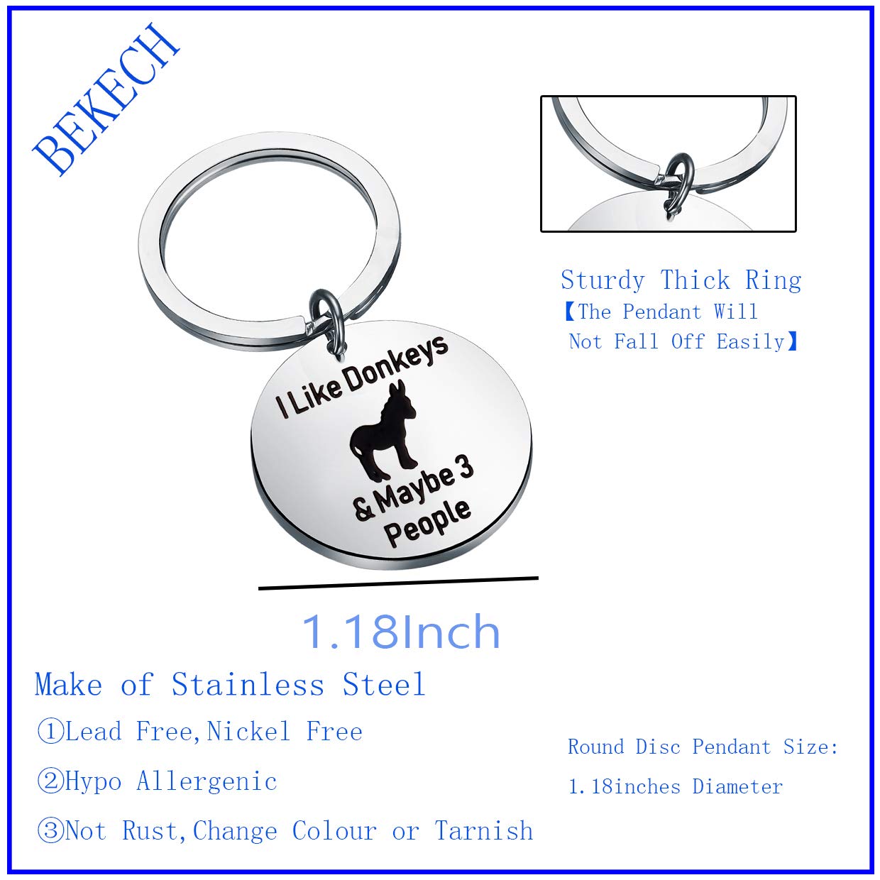 BEKECH Funny Donkey Gift Donkey Keychain I Like Donkeys & Maybe 3 People Donkey Theme Keychain Gift for Donkey Lovers Animal Lovers Horse Gift for Men Women (silver)