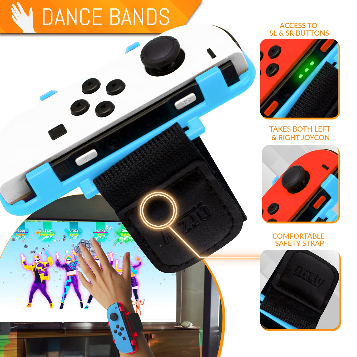 Orzly Sports Family Party Pack Accessories Bundle Designed for Nintendo Switch and OLED Console Games with Tennis Badminton Rackets, Controller Grips, Wheels & Wrist Dance Bands - with Carry Sack