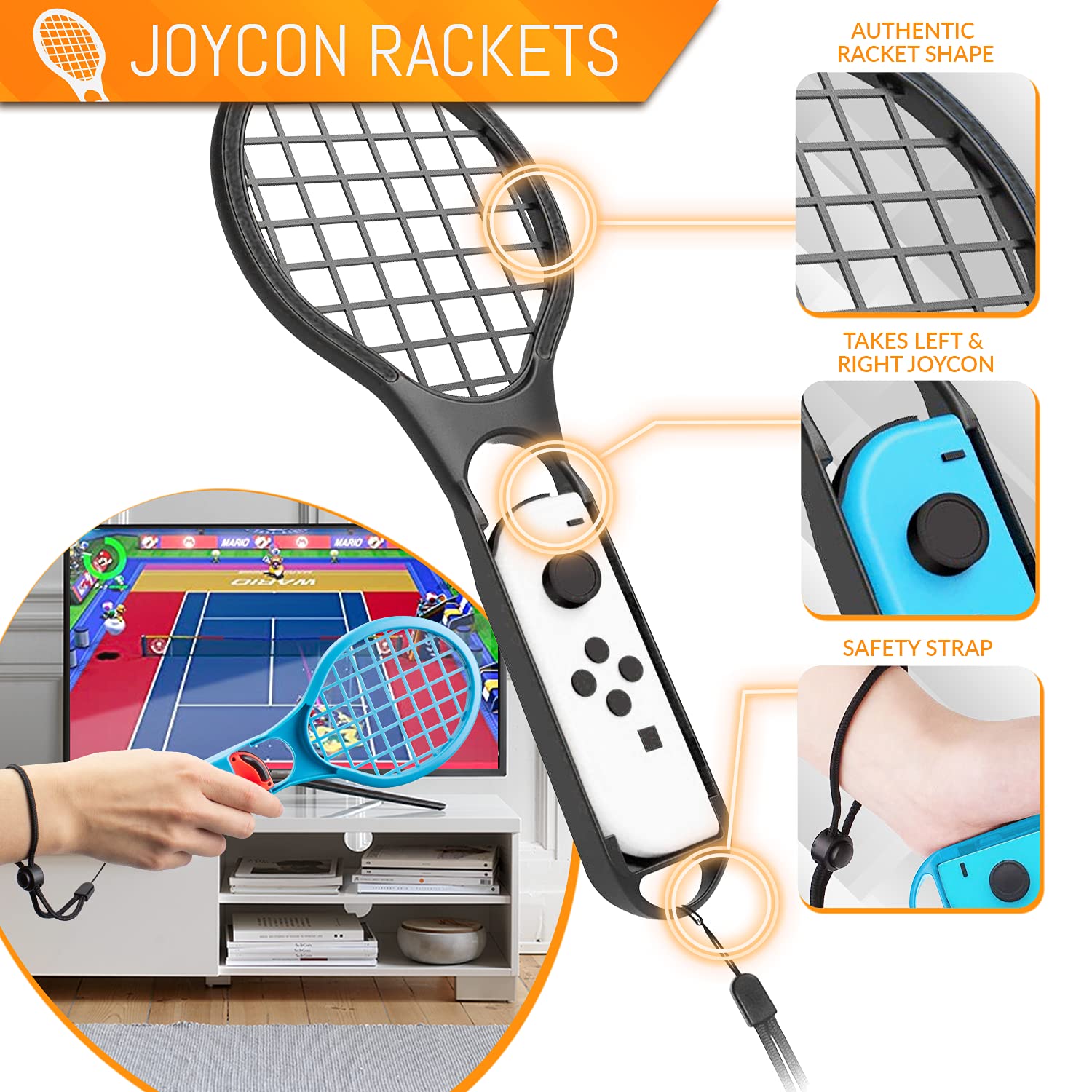 Orzly Sports Family Party Pack Accessories Bundle Designed for Nintendo Switch and OLED Console Games with Tennis Badminton Rackets, Controller Grips, Wheels & Wrist Dance Bands - with Carry Sack