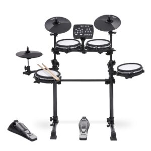 lyxjam 7-piece electronic drum kit, professional drum set with real mesh fabric, 209 preloaded sounds, 50 play-along songs, recording capability, cymbals & kick pedal, drum sticks and key included