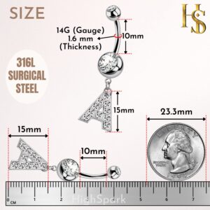 HighSpark Initial Belly Button Rings- 316L Surgical Steel- 14G(1.6mm)- AAA+ CZ Crystals- Silver A-Z Letter Belly Button Rings - Initial L - BB-012