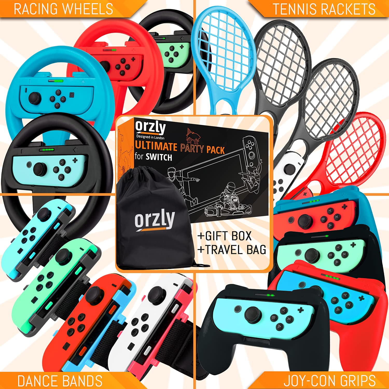 Orzly Sports Family Party Pack Accessories Bundle Designed for Nintendo Switch and OLED Console Games with Tennis Badminton Rackets, Controller Grips, Wheels & Wrist Dance Bands - with Carry Sack