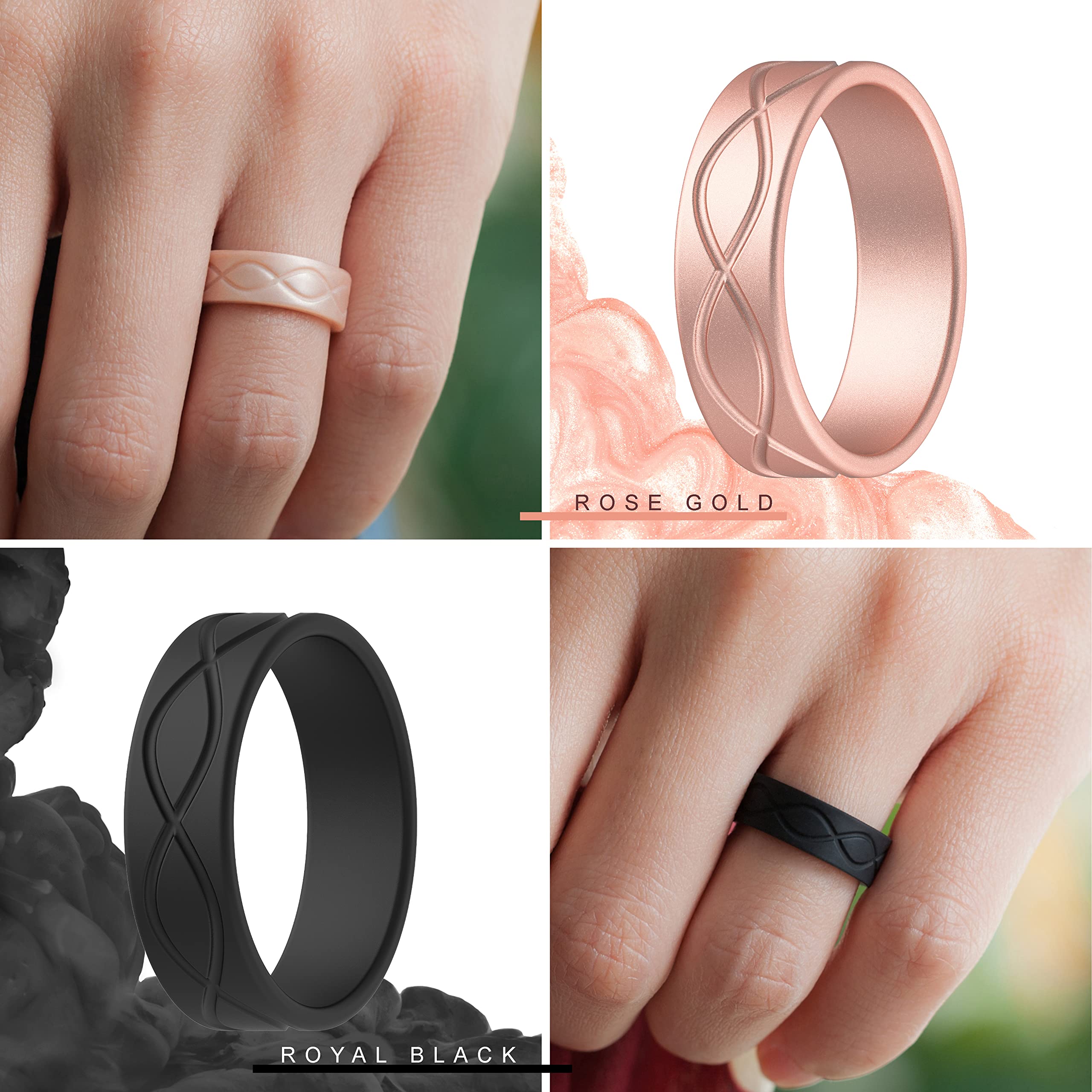 ThunderFit Silicone Wedding Bands for Women, Infinity Design 6mm Wide 1.8mm Thick - 1/4/7 Variety Multipack (Black, Marble, Rose Gold, Pink Mesh - Size 5.5-6 (16.5mm))