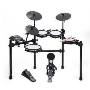 lyxjam 8-piece electronic drum kit, professional drum set with real mesh fabric, 448 preloaded sounds, 70 songs, 15-song recording capacity, choke,rim,edge capability & kick pad, drum sticks included