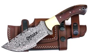 ottoza tracker knife & bone handle - damascus hunting knife - horizontal carry knife sheath 256