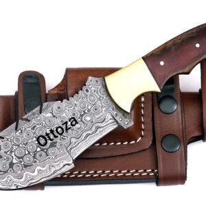 Ottoza Tracker Knife & Bone Handle - Damascus Hunting Knife - Horizontal Carry Knife Sheath 256