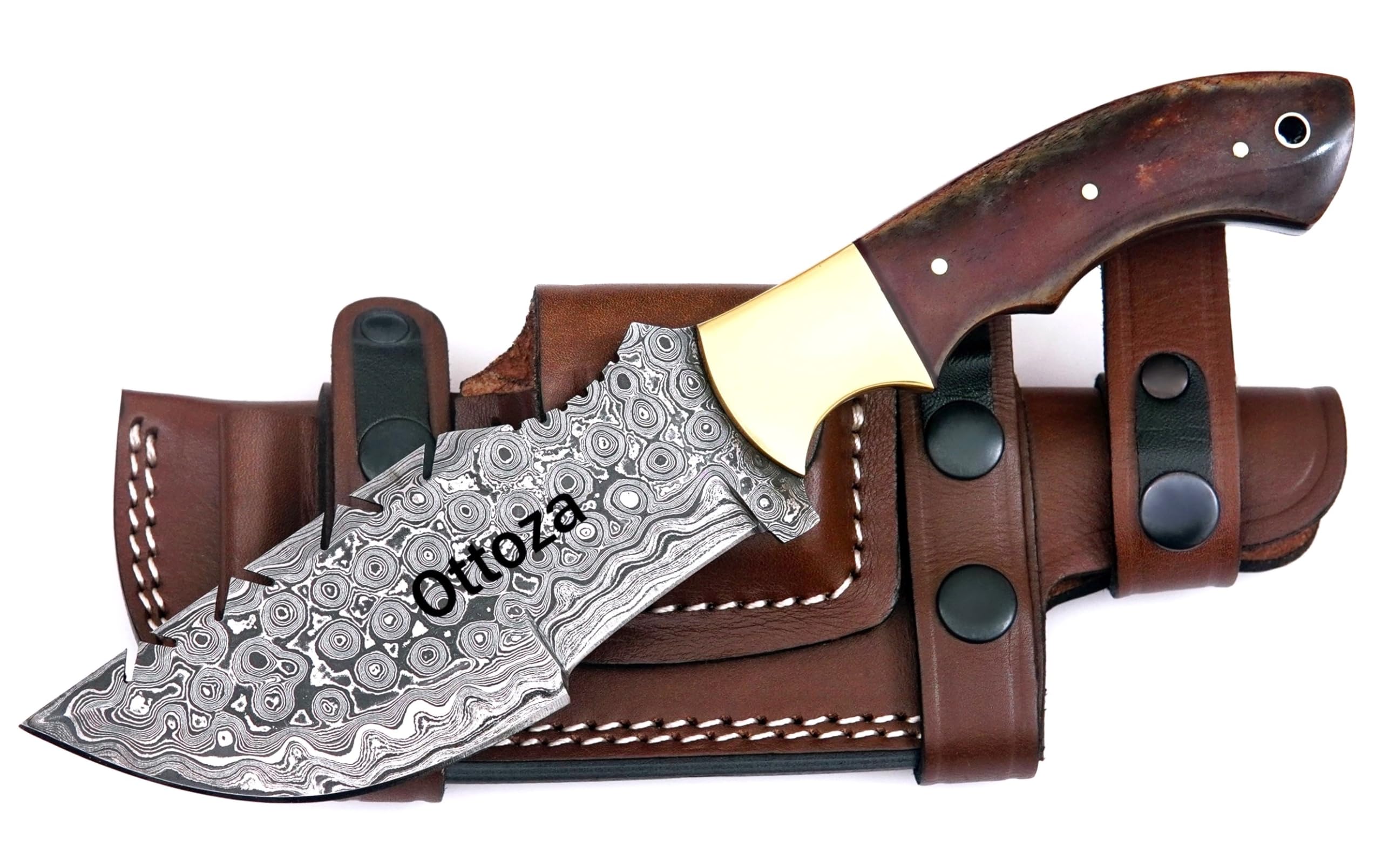 Ottoza Tracker Knife & Bone Handle - Damascus Hunting Knife - Horizontal Carry Knife Sheath 256