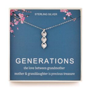 generations necklace - sterling silver three hearts infinity gene necklace for grandma mom granddaughter, birthday jewelry mothers day gift