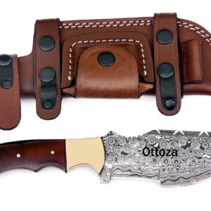 Ottoza Tracker Knife & Bone Handle - Damascus Hunting Knife - Horizontal Carry Knife Sheath 256