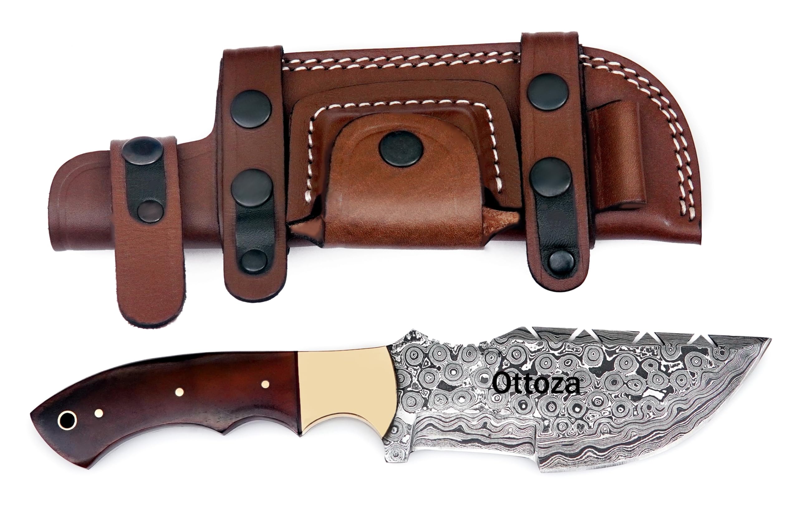 Ottoza Tracker Knife & Bone Handle - Damascus Hunting Knife - Horizontal Carry Knife Sheath 256