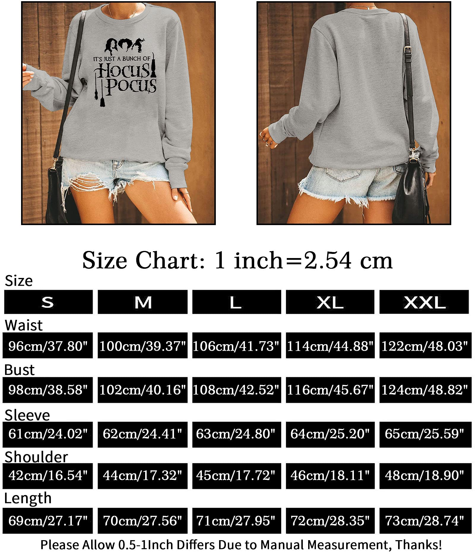 KIDDAD It's Just A Bunch of Hocus Pocus T-Shirt Women Halloween Sanderson Sisters Long Sleeve Crewneck Casual Pullover Tops Light Gray