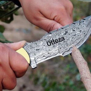 Ottoza Tracker Knife & Bone Handle - Damascus Hunting Knife - Horizontal Carry Knife Sheath 256