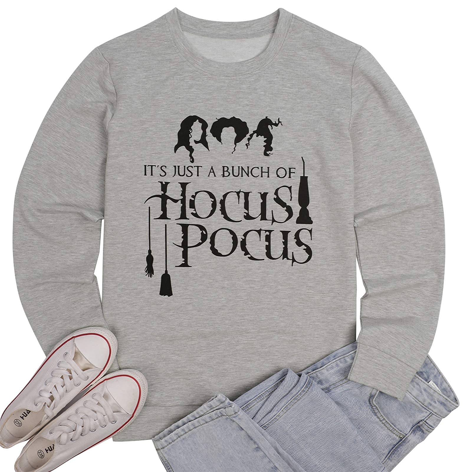 KIDDAD It's Just A Bunch of Hocus Pocus T-Shirt Women Halloween Sanderson Sisters Long Sleeve Crewneck Casual Pullover Tops Light Gray