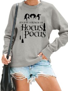 kiddad it's just a bunch of hocus pocus t-shirt women halloween sanderson sisters long sleeve crewneck casual pullover tops light gray