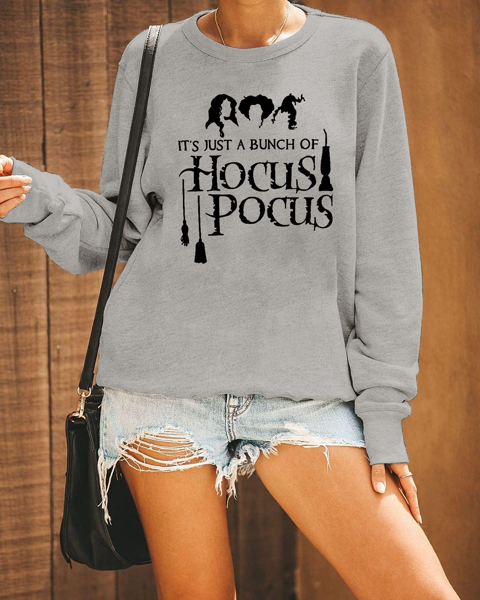 KIDDAD It's Just A Bunch of Hocus Pocus T-Shirt Women Halloween Sanderson Sisters Long Sleeve Crewneck Casual Pullover Tops Light Gray