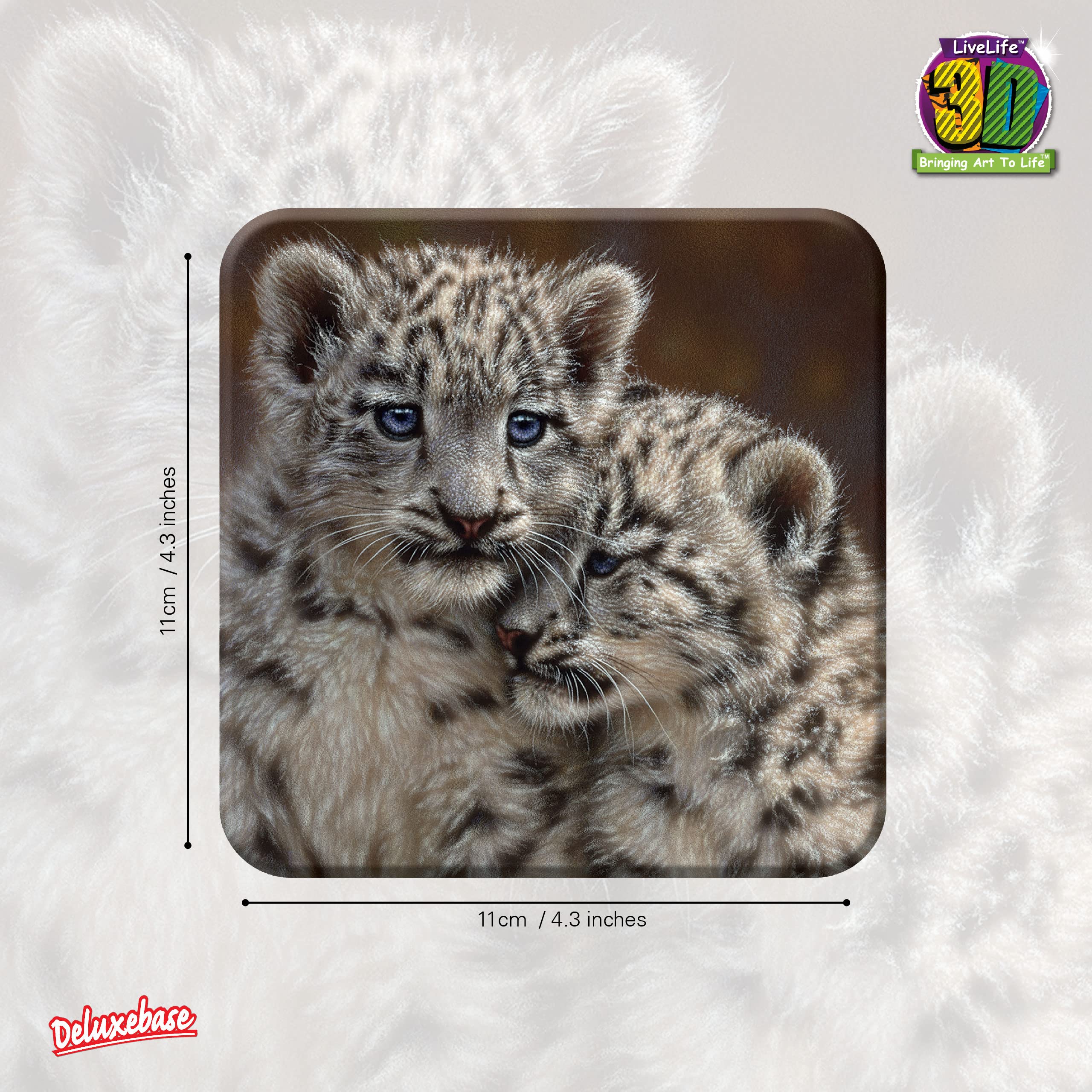 3D LiveLife Cork Coaster - Playmates from Deluxebase. Lenticular 3D Snow Leopard Coaster. Non-Slip Table Coasters Featuring Original Artwork by Collin Bogle. Ideal for Home Decor.