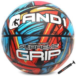 and1 supreme grip basketball: official regulation size 7 (29.5 inches) rubber basketball - deep channel construction streetball, made for indoor outdoor games